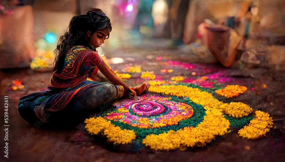 AI generated image of a young Indian girl arranging a flower rangoli on ...