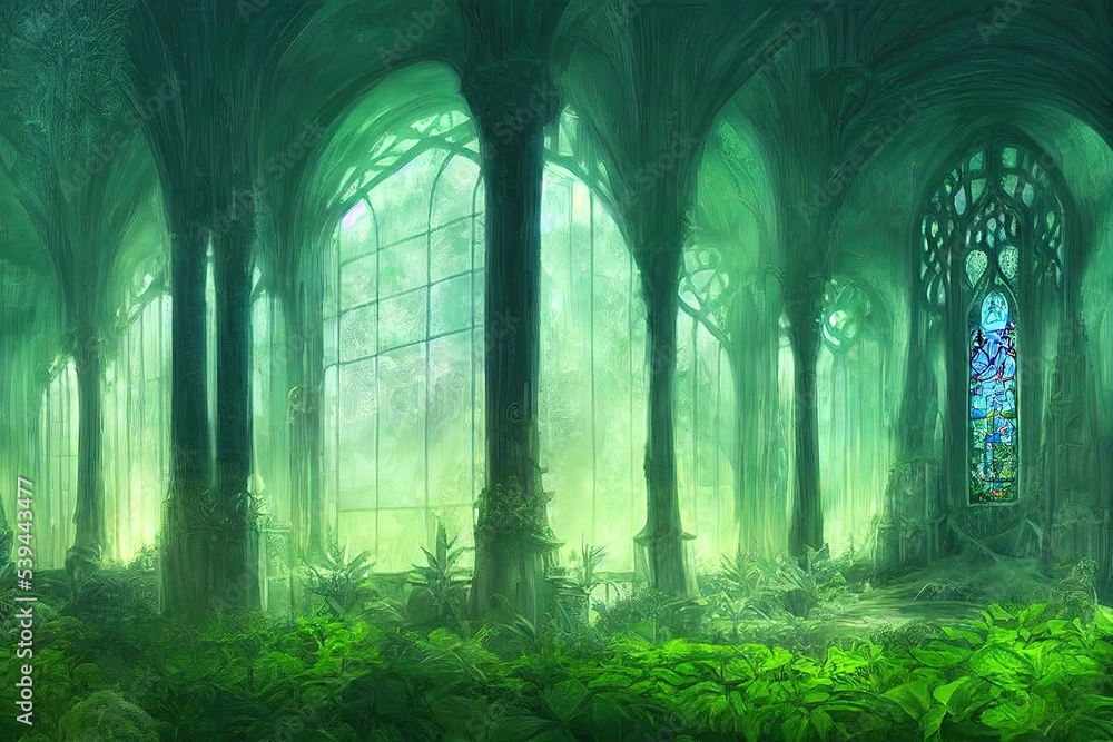 Fantasy garden in a majestic architectural building with large stained ...