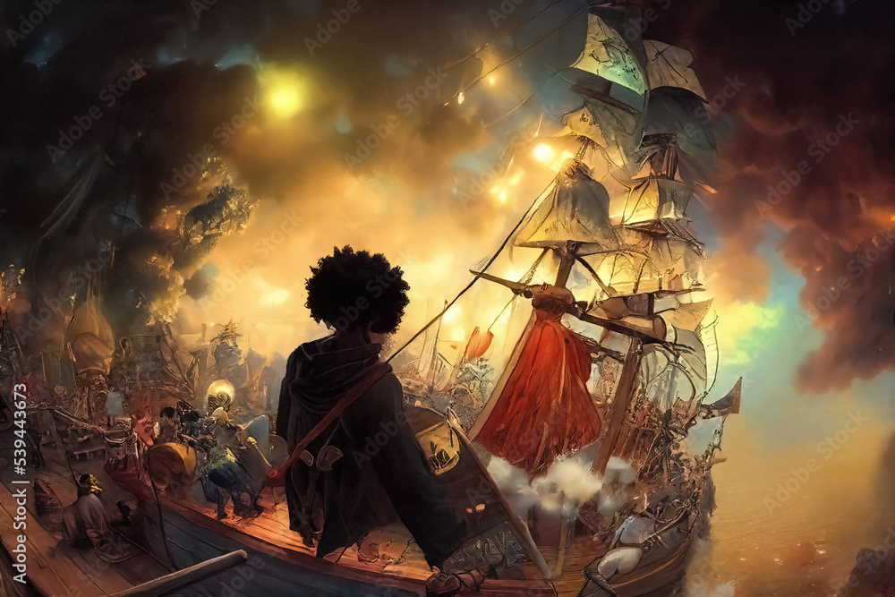 ภาพประกอบสต็อก Storybook illustration of Caribbean woman pirate on a ...