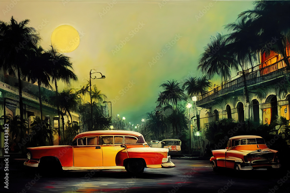 Concept art featuring vintage cars in Cuba. Antique automobiles from ...