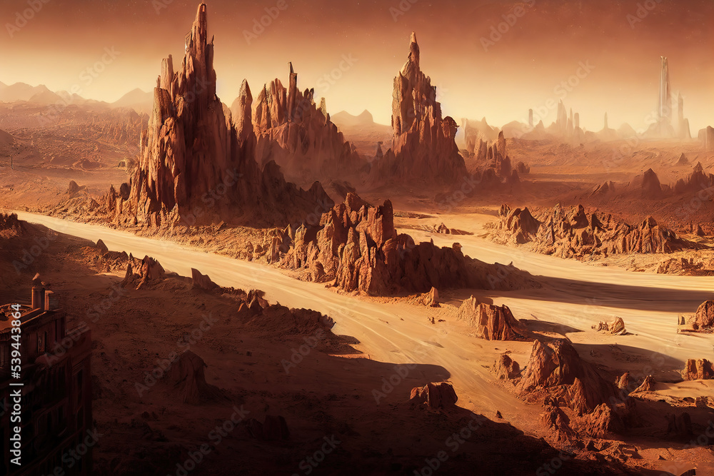 3D rendering of an alien world desert landscape. Cosmic planet with ...