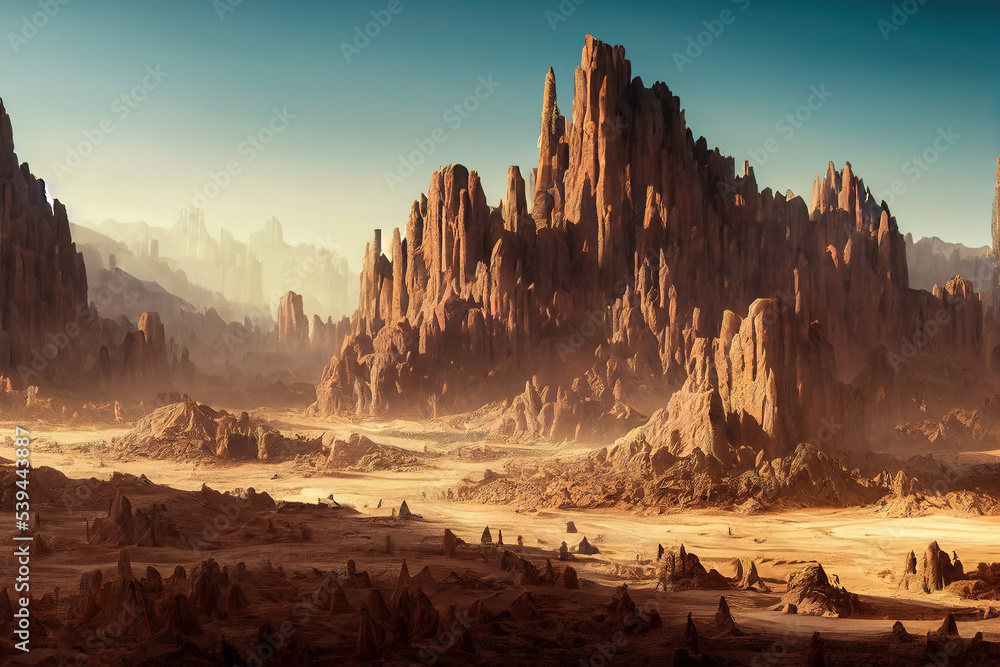 3D rendering of an alien world desert landscape. Cosmic planet with ...
