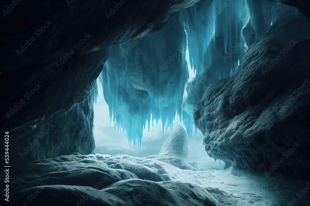 3D digital illustration of an ice cave ecosystem with ice frost ...