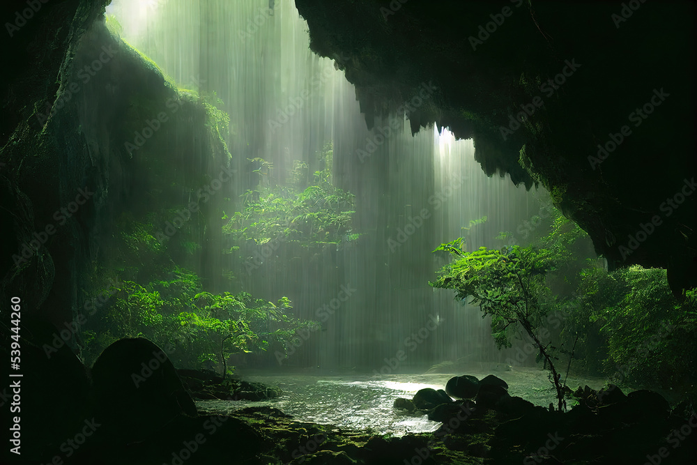 3D rendering of exotic cave oasis with fresh water and vegetation ...
