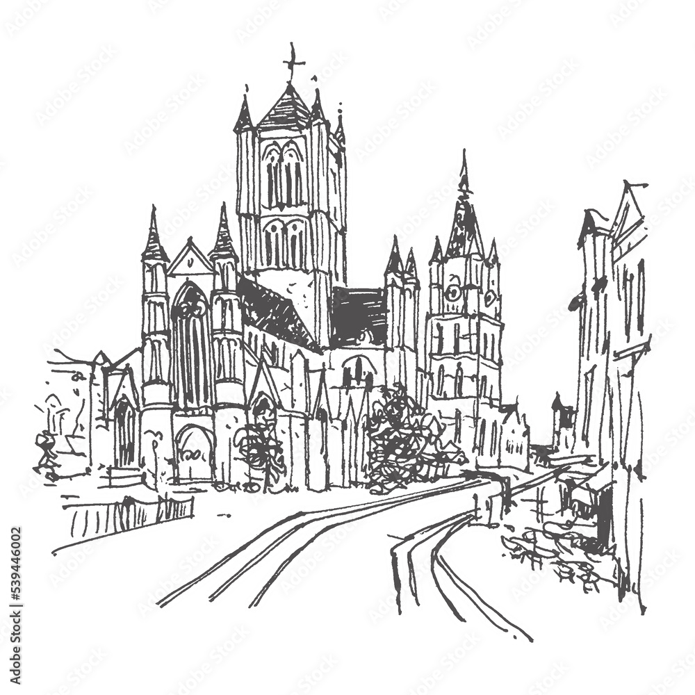 Travel sketch of Ghent, Belgium. Historical building line art. Freehand ...
