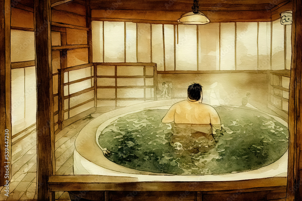 Digital watercolour painting featuring interior of a Japanese sento bathhouse. Traditional ...