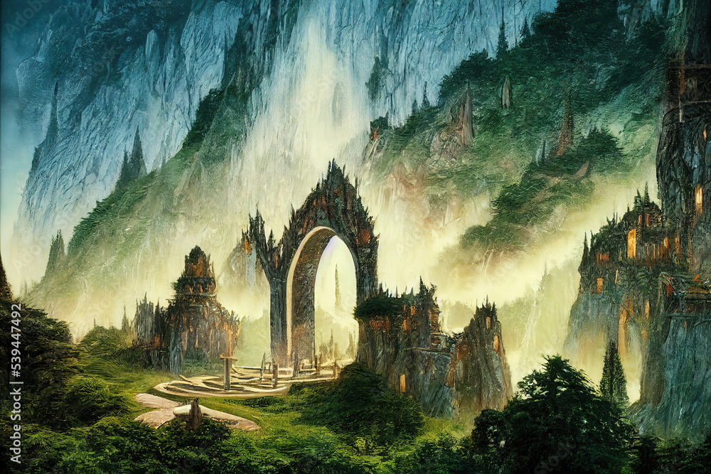 Fantasy entrance to an elven city. Enchanted elf forest wallpaper with ...