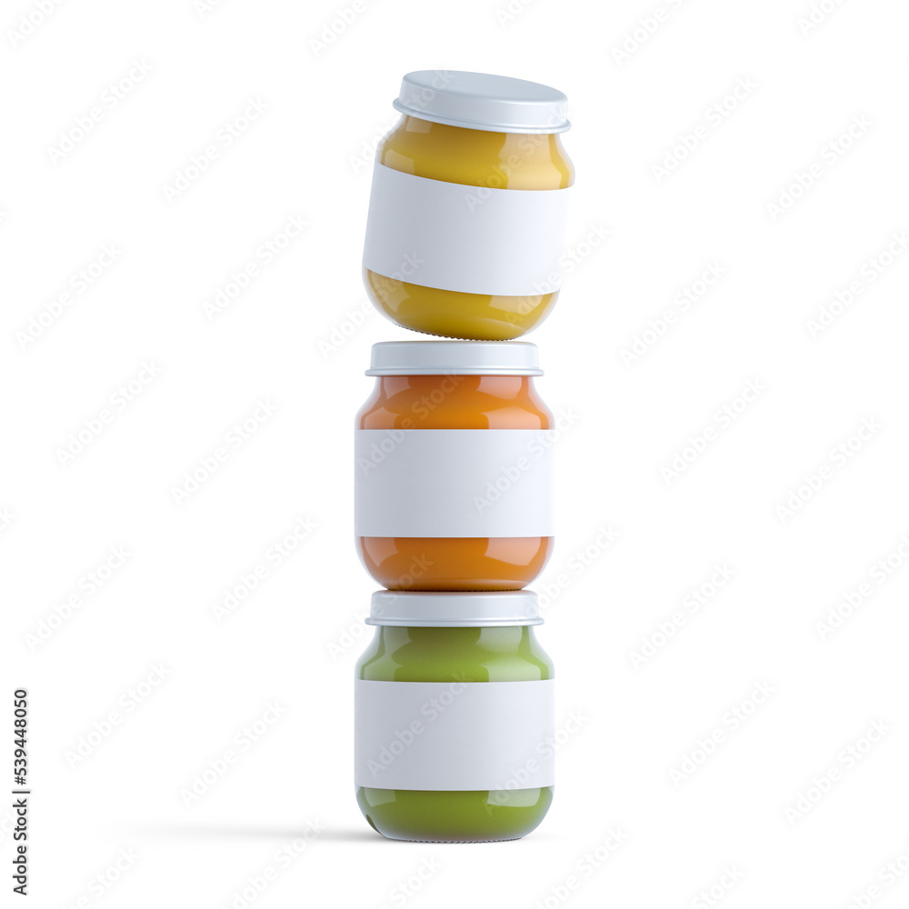 Jars of baby puree isolated on white. Render, 3d illustration. Label ...