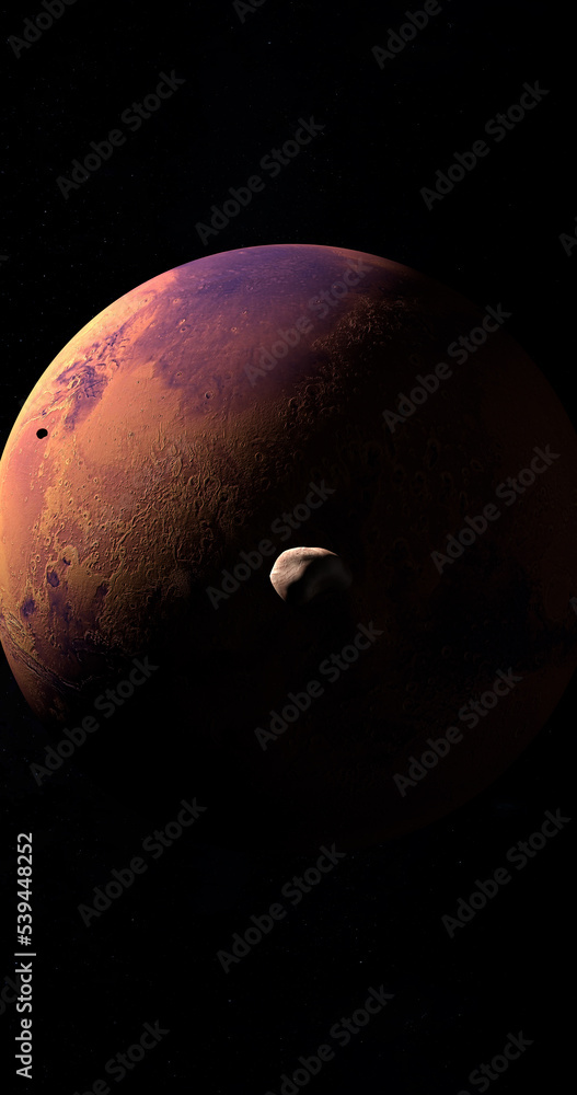 Phobos and Deimos, Mars I and Mars II, orbiting around Mars planet. 3d ...