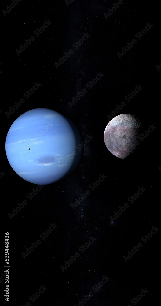 Triton and Proteus orbiting around Neptune planet. 3d render Stock ...