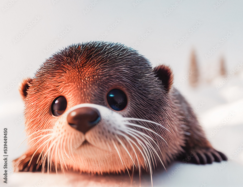 Cute otter baby lying on a snow background Stock Illustration | Adobe Stock