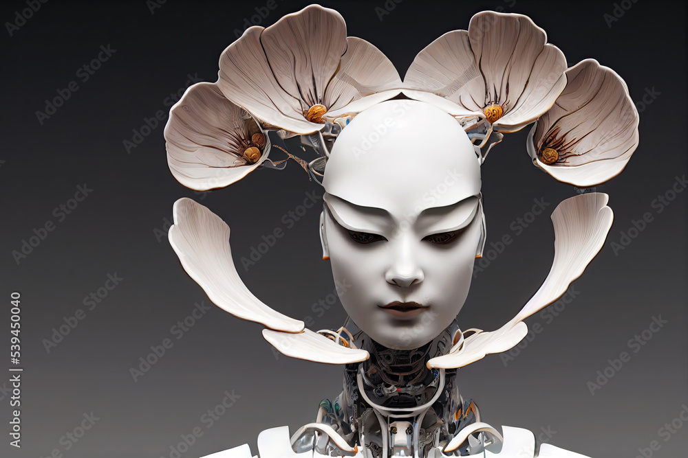 Portrait of a beautiful biomechanical cyborg. Symbiosis of woman and ...
