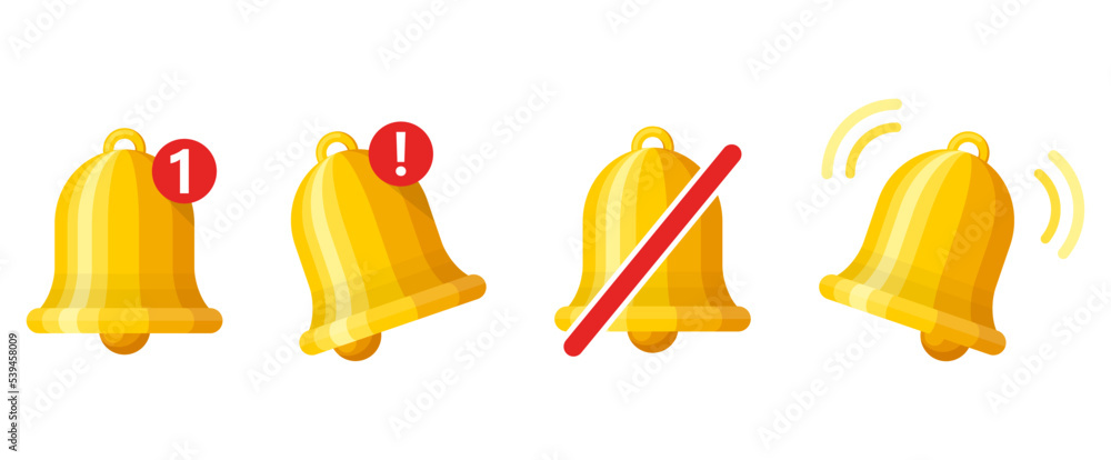 Notification bell icon set isolated on white background. Gold ringing ...