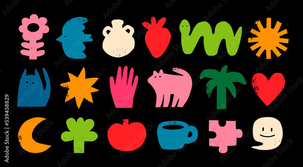 Various abstract elements. Cat, bird, flower, snake, cup, moon, heart ...