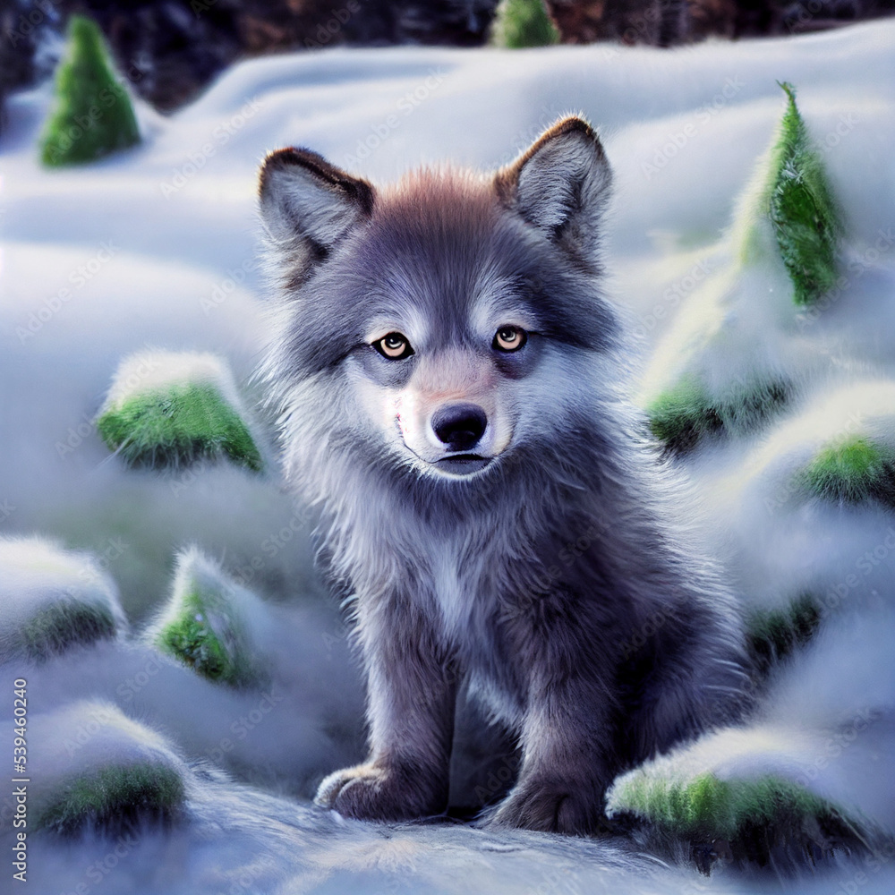 Wolf Cub Character sitting in snow | Ai Digital Art created using ...