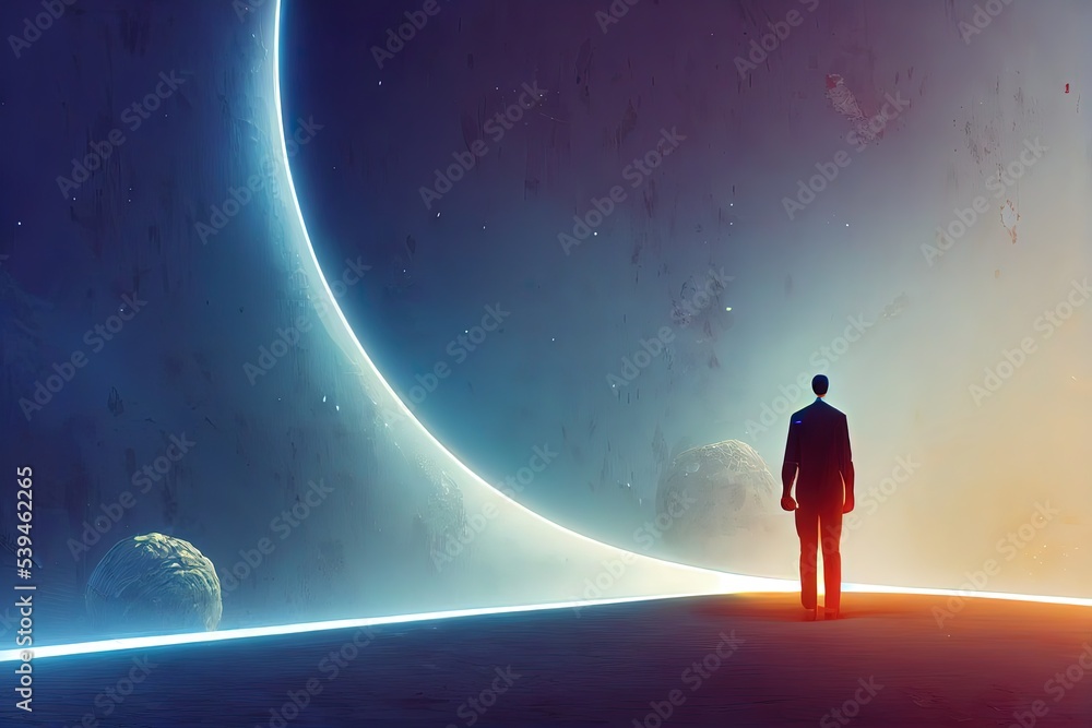sci-fi concept showing a man standing at the futuristic portal ...