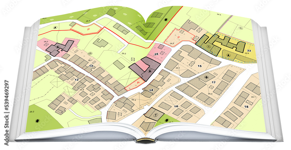 Real opened book with imaginary cadastral and city map with buildings ...
