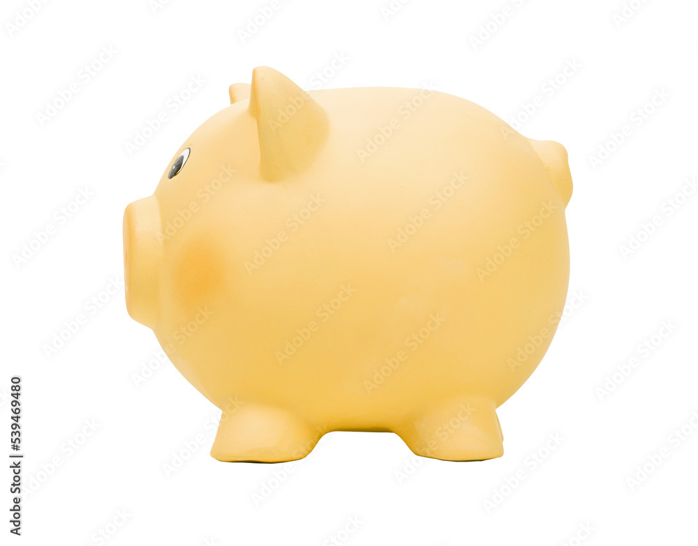 Yellow ceramic piggy bank, side view, PNG isolated on transparent ...