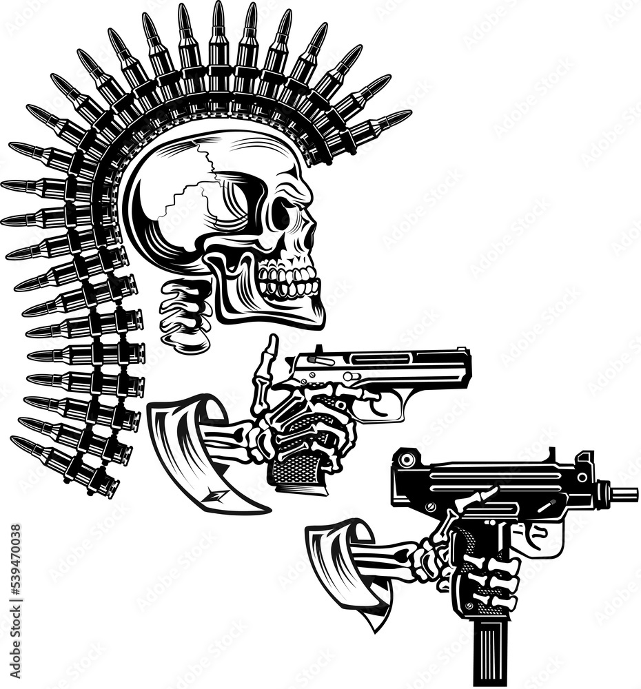 Skeleton with guns cartridges and pistols Stock Illustration | Adobe Stock