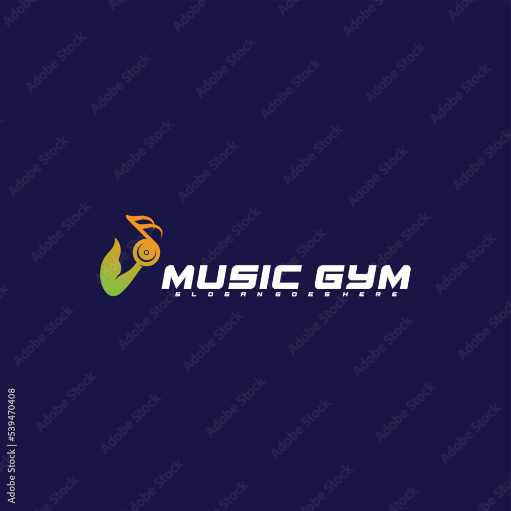 GYM logo with music symbol icon vector illustration. a unique, modern ...