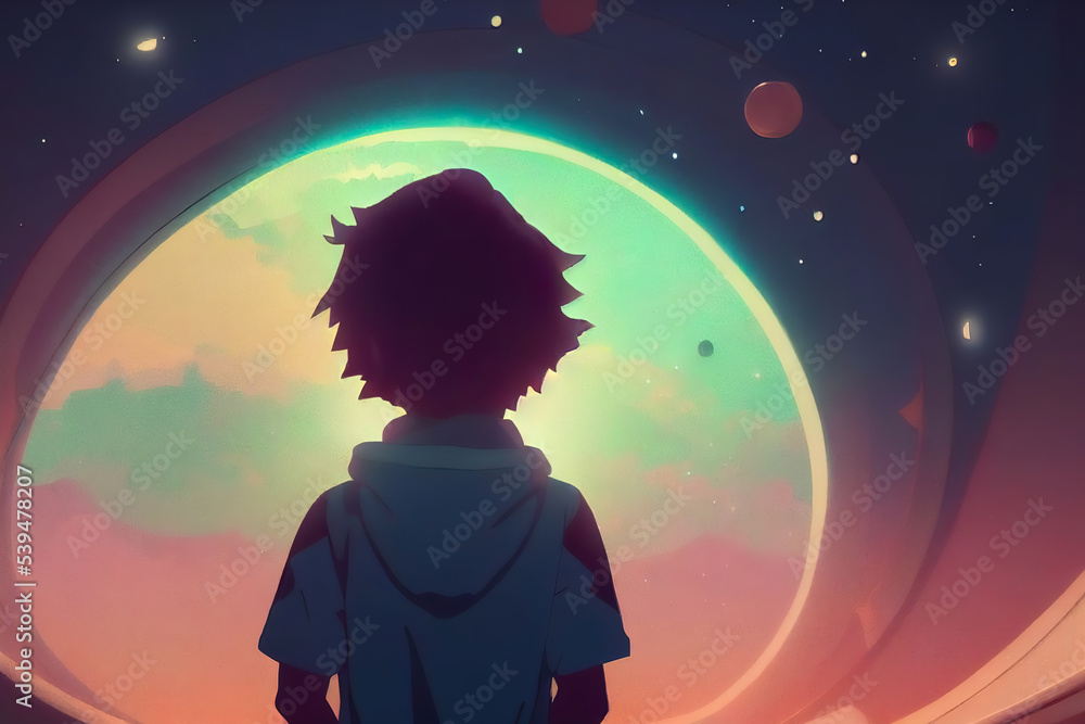 Kid dreaming digital art. Comic drawing of a young boy stargazing ...