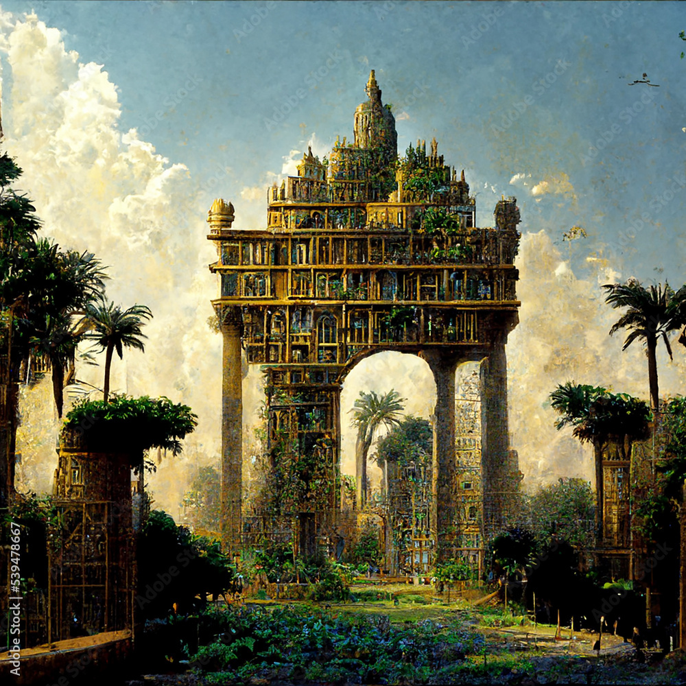 Babylon Ishtar gate merged with the hanging gardens Stock Illustration ...