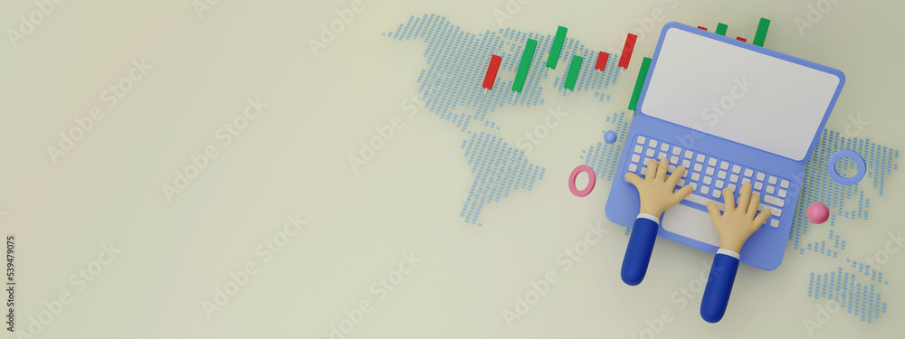 3D Computer laptop with hand finger presses on keyboard button and ...