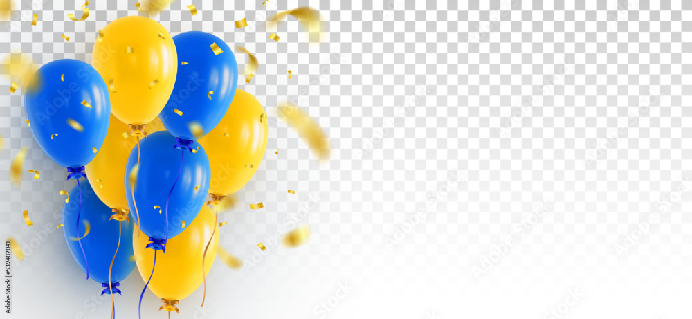 Bunch of blue and yellow helium balloons on transparent background with ...