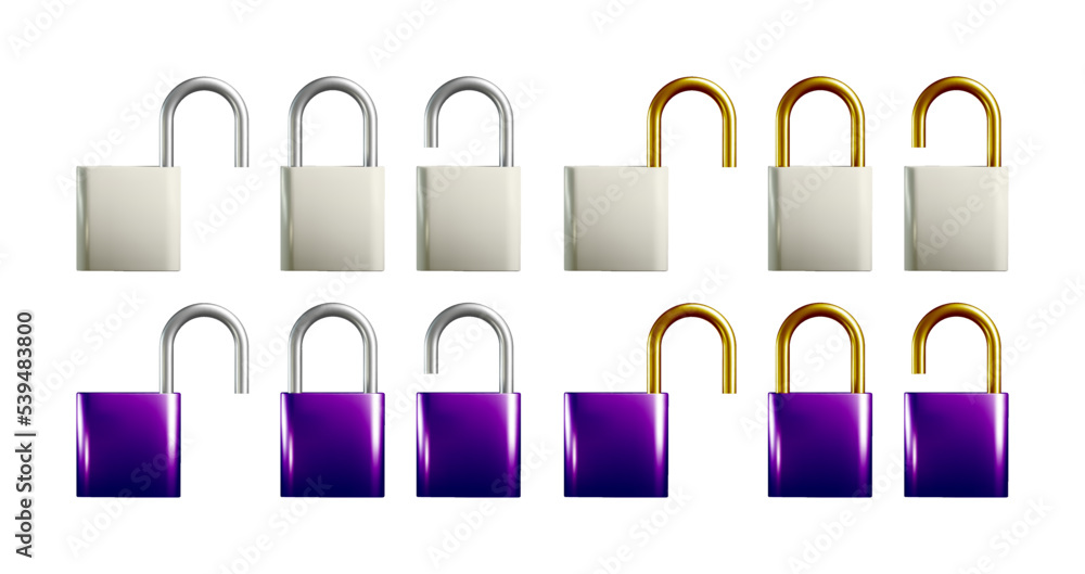 3d lock vector illustration. Realistic locked, unlocked, open, closed ...