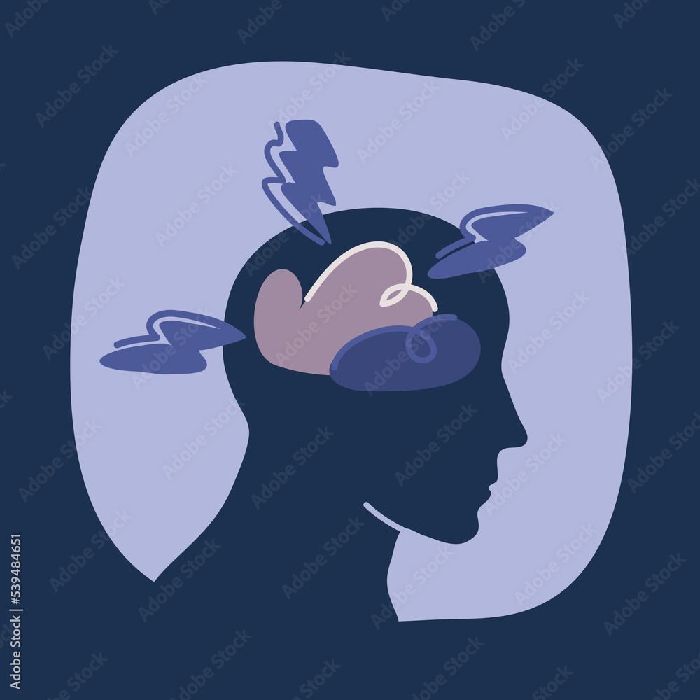 ?artoon vector illustration of Mental health concep. Head with bad ...
