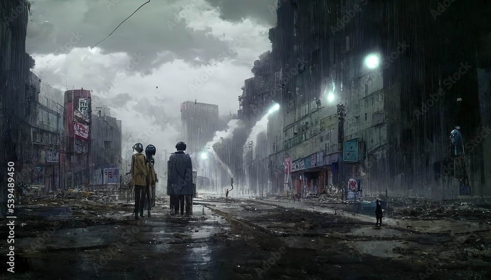 People walking on the streets in a post apocalyptic city, with green ...