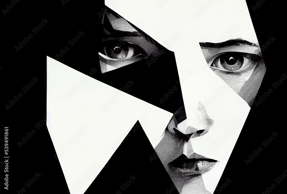 A woman's face fractured into pieces. Abstract concept art representing ...
