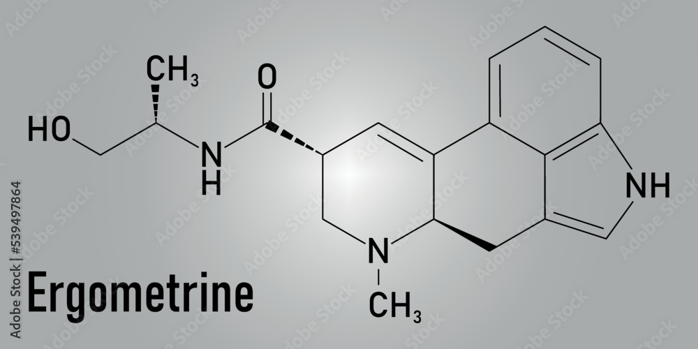 Ergometrine drug molecule. Used to prevent bleeding after childbirth ...