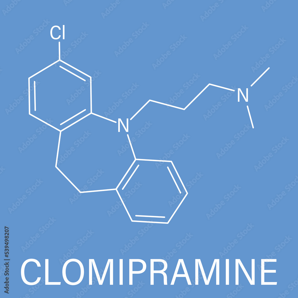 Clomipramine tricyclic antidepressant drug molecule. Used in treatment ...