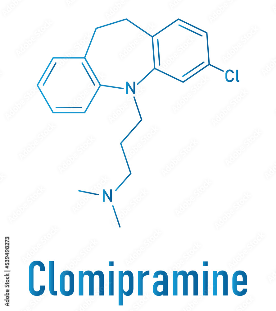 Clomipramine tricyclic antidepressant drug molecule. Used in treatment ...