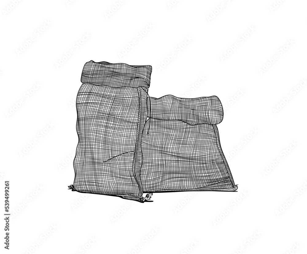 Burlap sacks leaning on the ground. Realistic sketch inked black ...