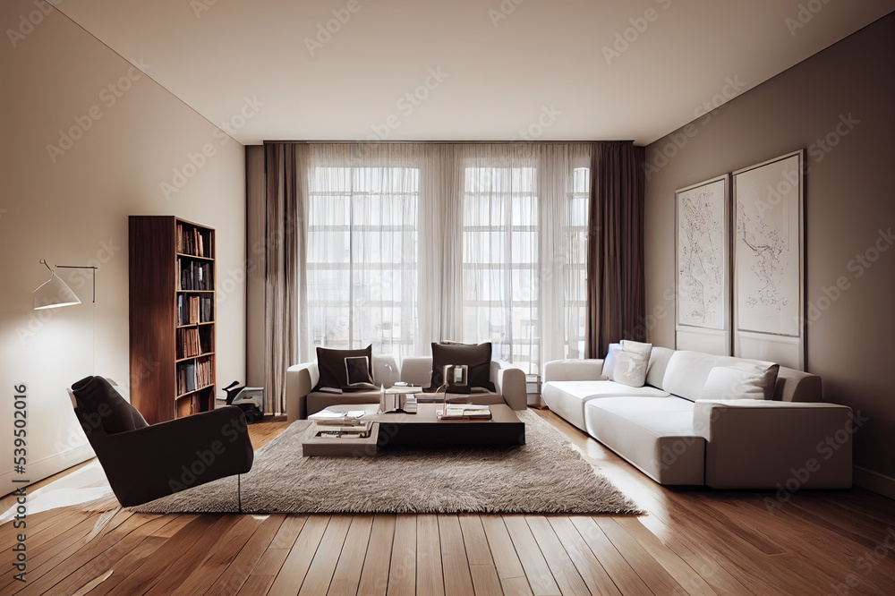 Light modern living room interior with panoramic window furnished by ...