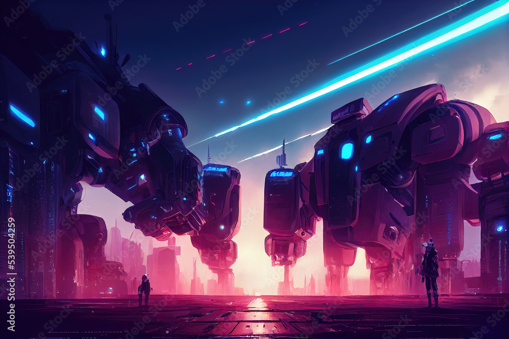 sci fi planet illustration with robots and a human standing in front ...