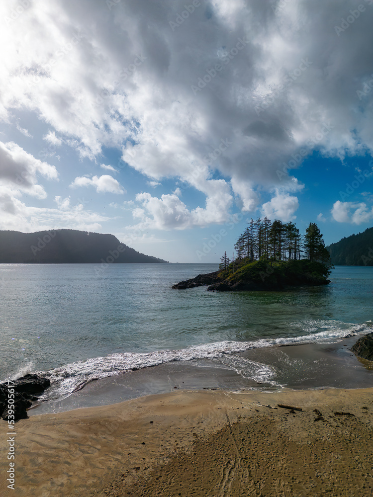 Sandy beach on Pacific Ocean Coast View. Sunny Blue Sky. San Josef Bay ...