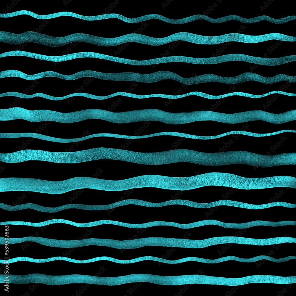 Stockillustratie Turquoise, emerald watercolor textured waves on black ...