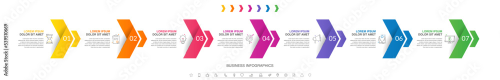 Vector timeline infographics with 7 steps, icons, flowchart, workflow ...