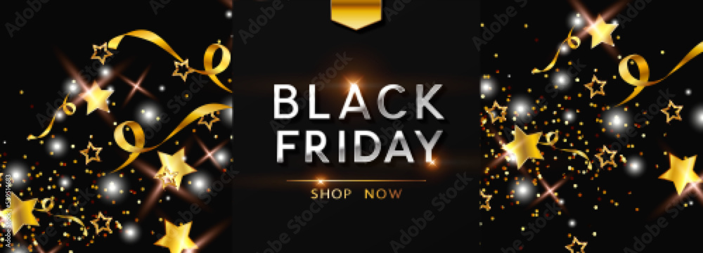 Black Friday Shop Now promotion banner. Special sale, discount tag or ...