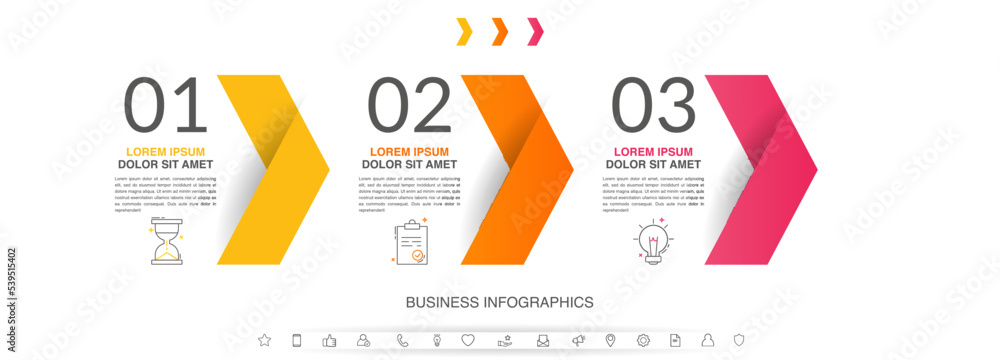 Vector timeline infographics with three steps, icons, flowchart ...
