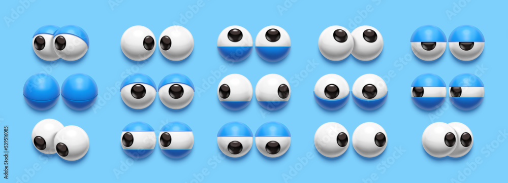 Simple 3D eyes. Cartoon eyeballs with eyelids, look forward and to ...