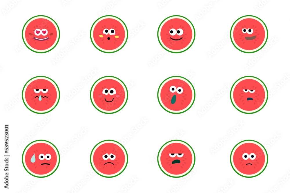 Set of cute watermelon characters with different emotions cartoon faces ...