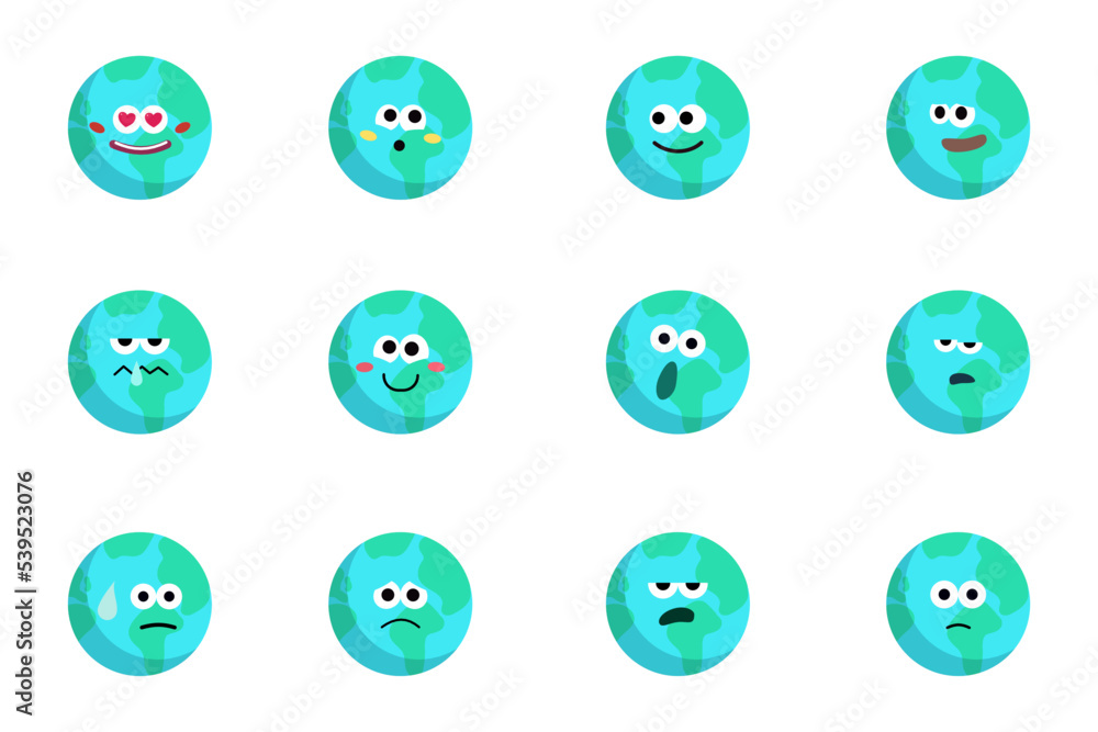 Set of cute earth characters with different emotions cartoon faces ...
