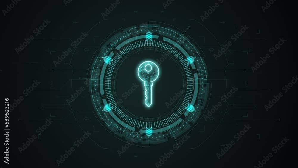 Motion graphic of Blue digital security key logo with rotation HUD UI ...