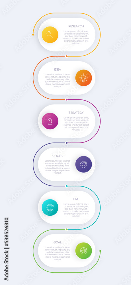 Vertical infographic design with icons and 6 options or steps. Thin ...