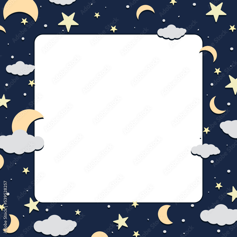 Frame with an illustration of the night sky with stars, moon, clouds ...