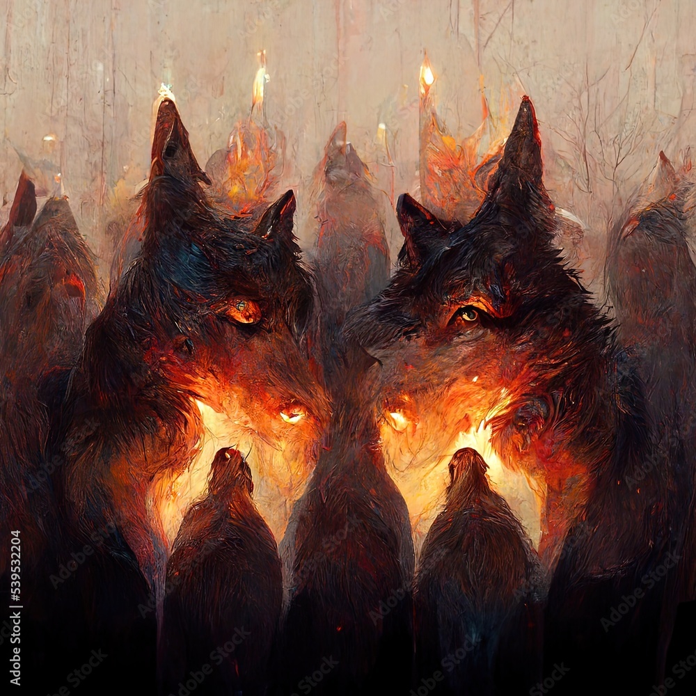 Pack of Wolves Ready for Battle Illustration Vibrant Colors Digital Art ...